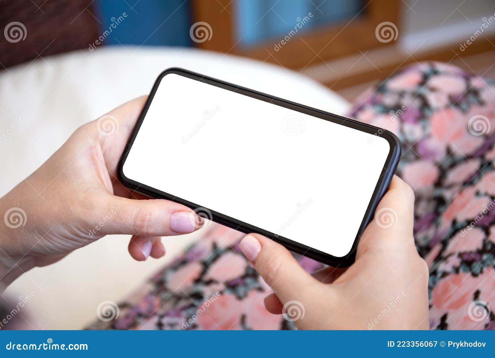 Female Hands Hold Phone Horizontally with Isolated Screen Stock Image ...