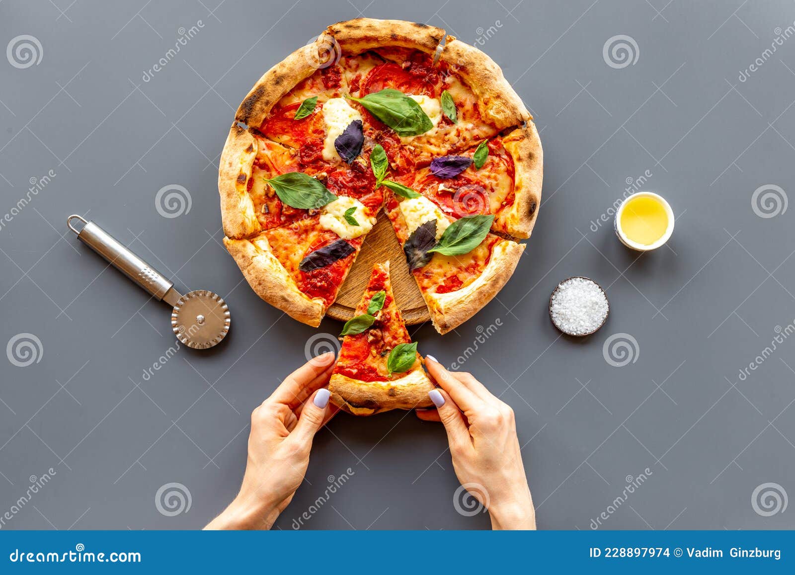 Female Hands Hold Slice of Pizza. Overhead View Stock Photo - Image of ...