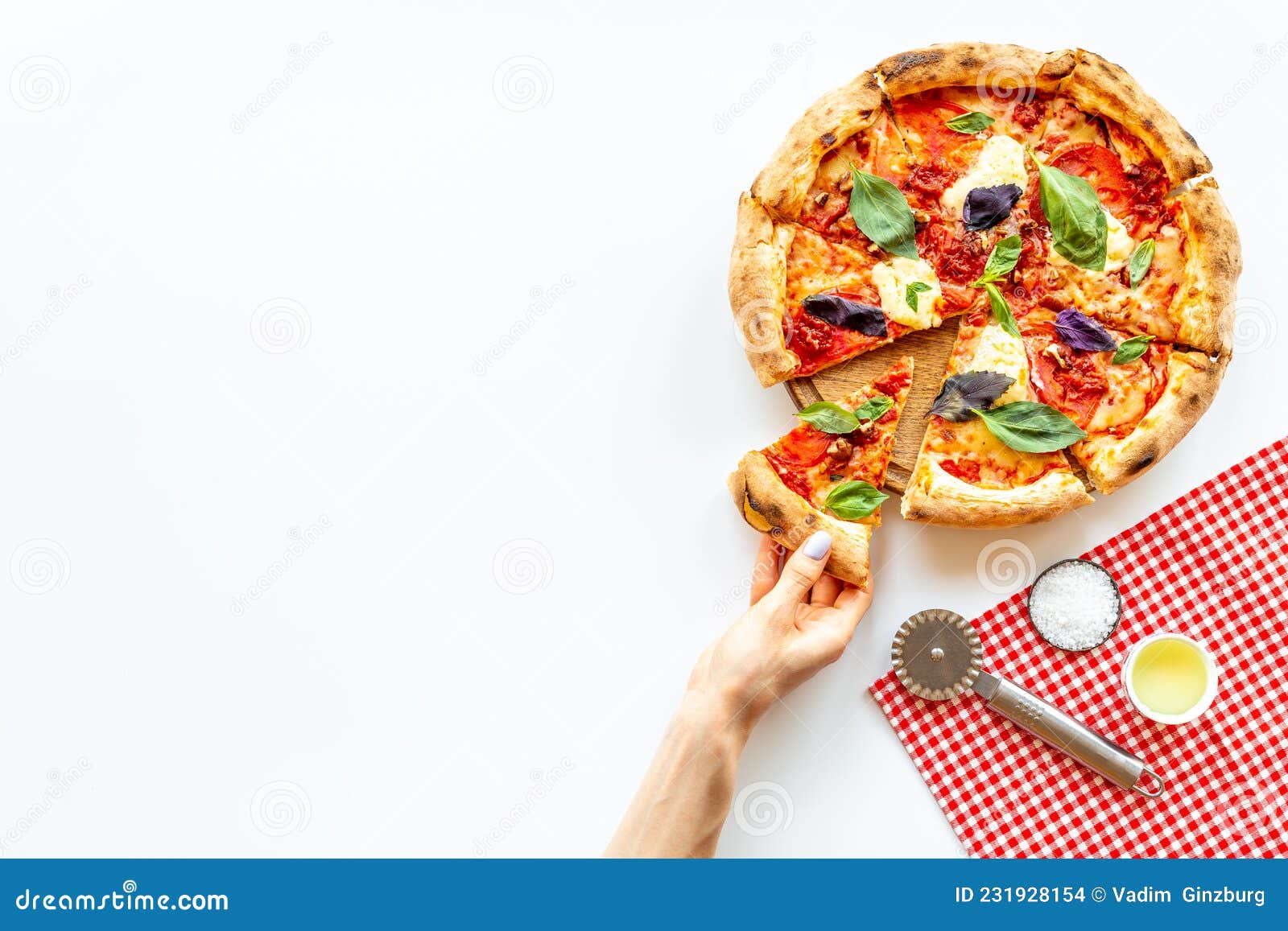Female Hands Hold Slice of Pizza. Overhead View Stock Photo - Image of ...