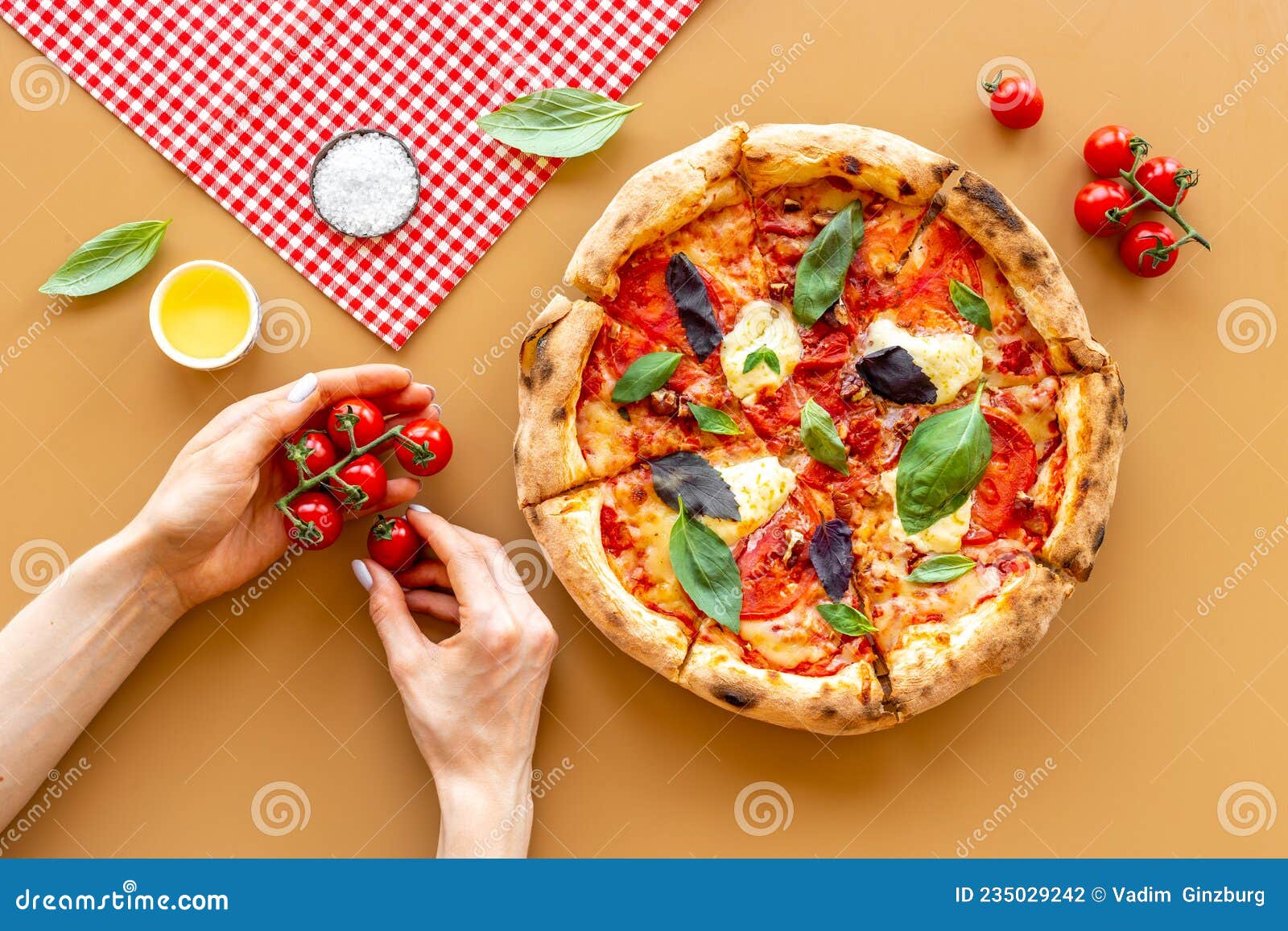 Female Hands Hold Slice of Pizza. Overhead View Stock Photo - Image of ...