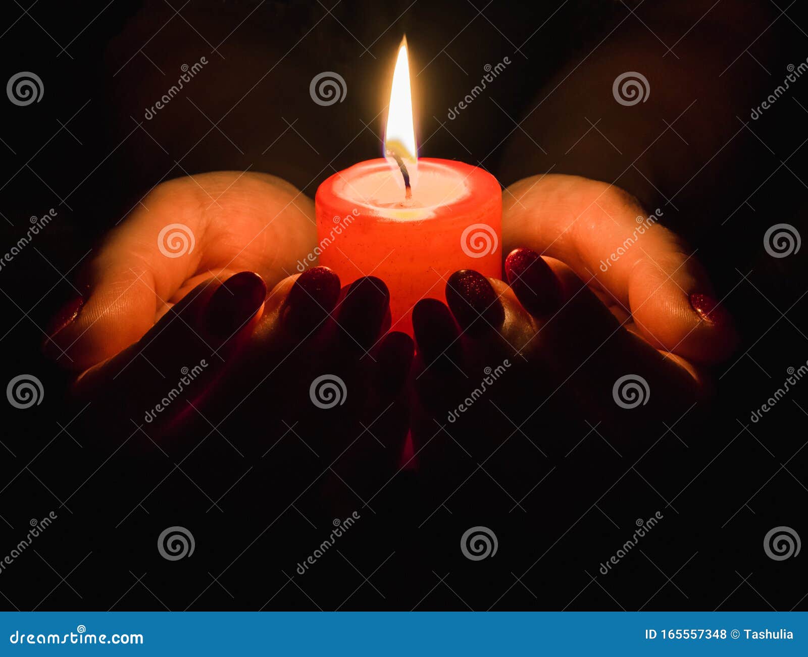 Female Hands Holding a Burning Candle in the Dark Stock Photo - Image ...