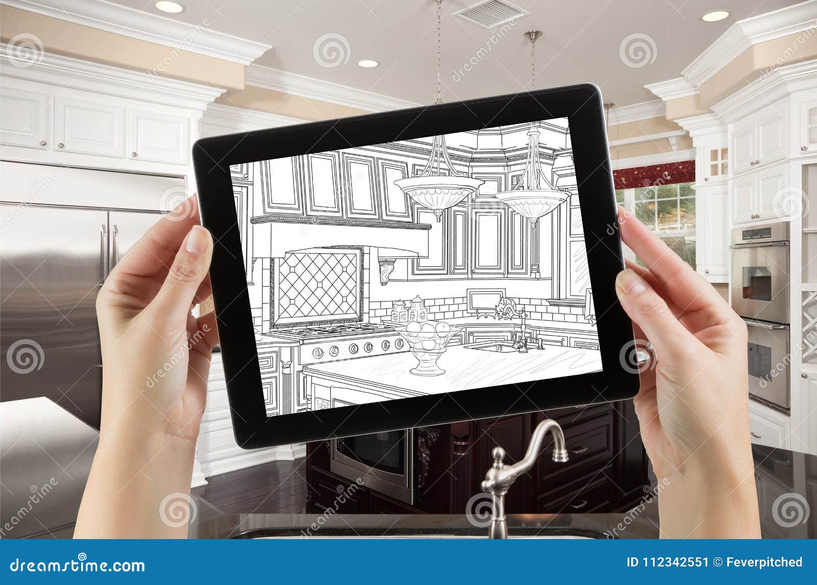 Female Hands Holding Computer Tablet with Drawing on Screen Editorial ...