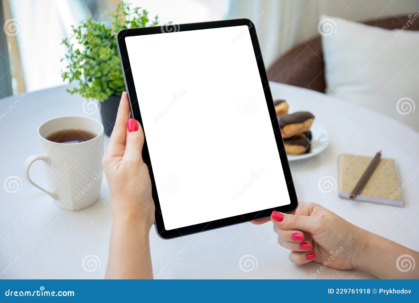 Female Hands Holding Computer Tablet with Screen in Cafe Stock Photo ...