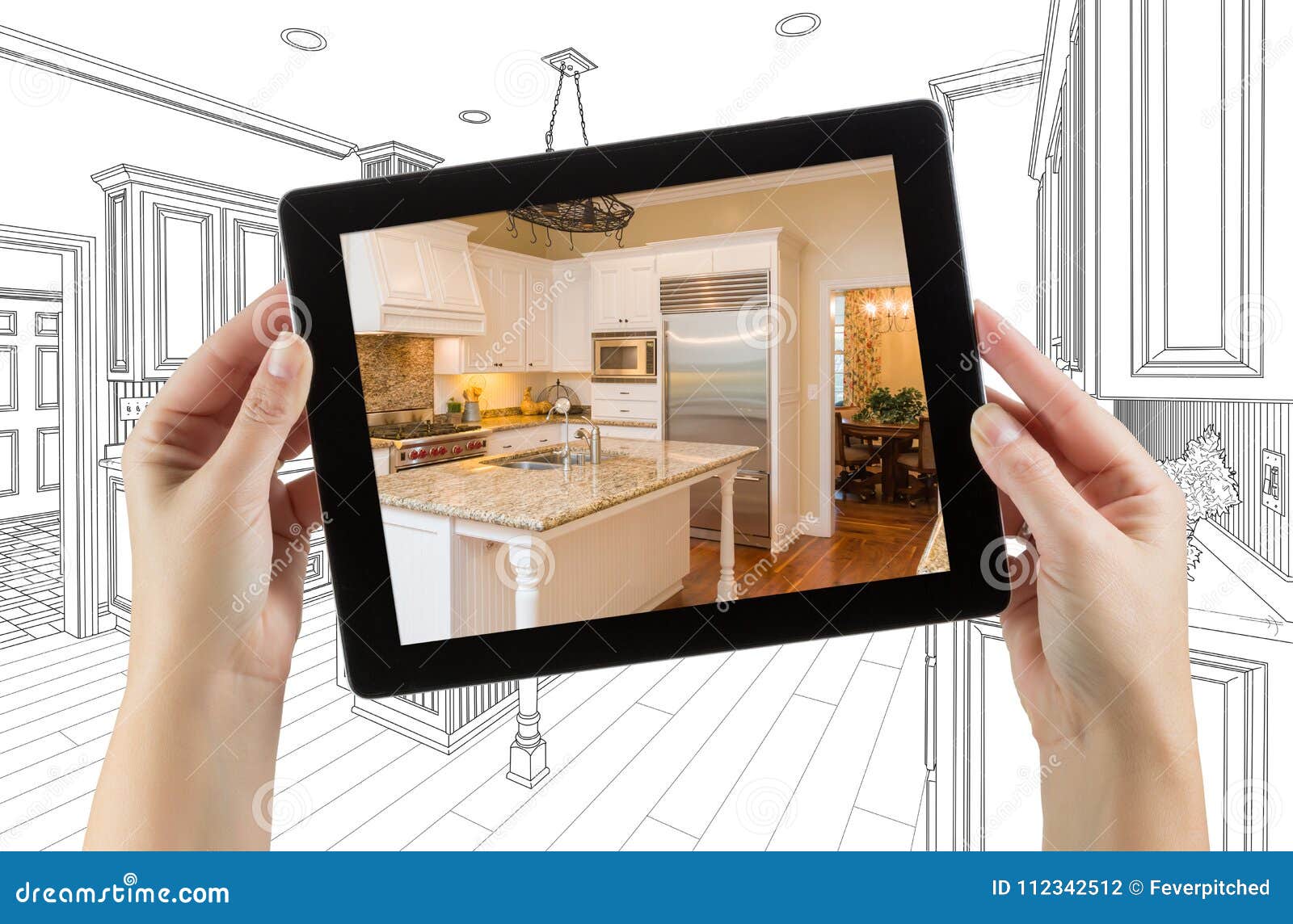 Female Hands Holding Computer Tablet with Kitchen on Screen Editorial ...