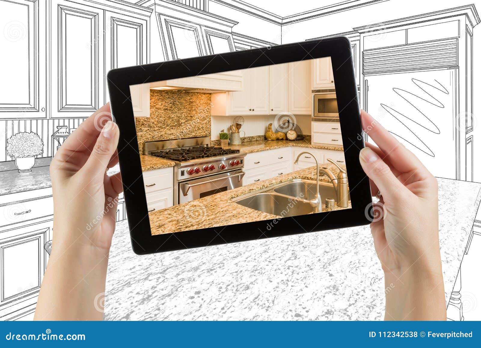 Female Hands Holding Computer Tablet with Kitchen on Screen Editorial ...