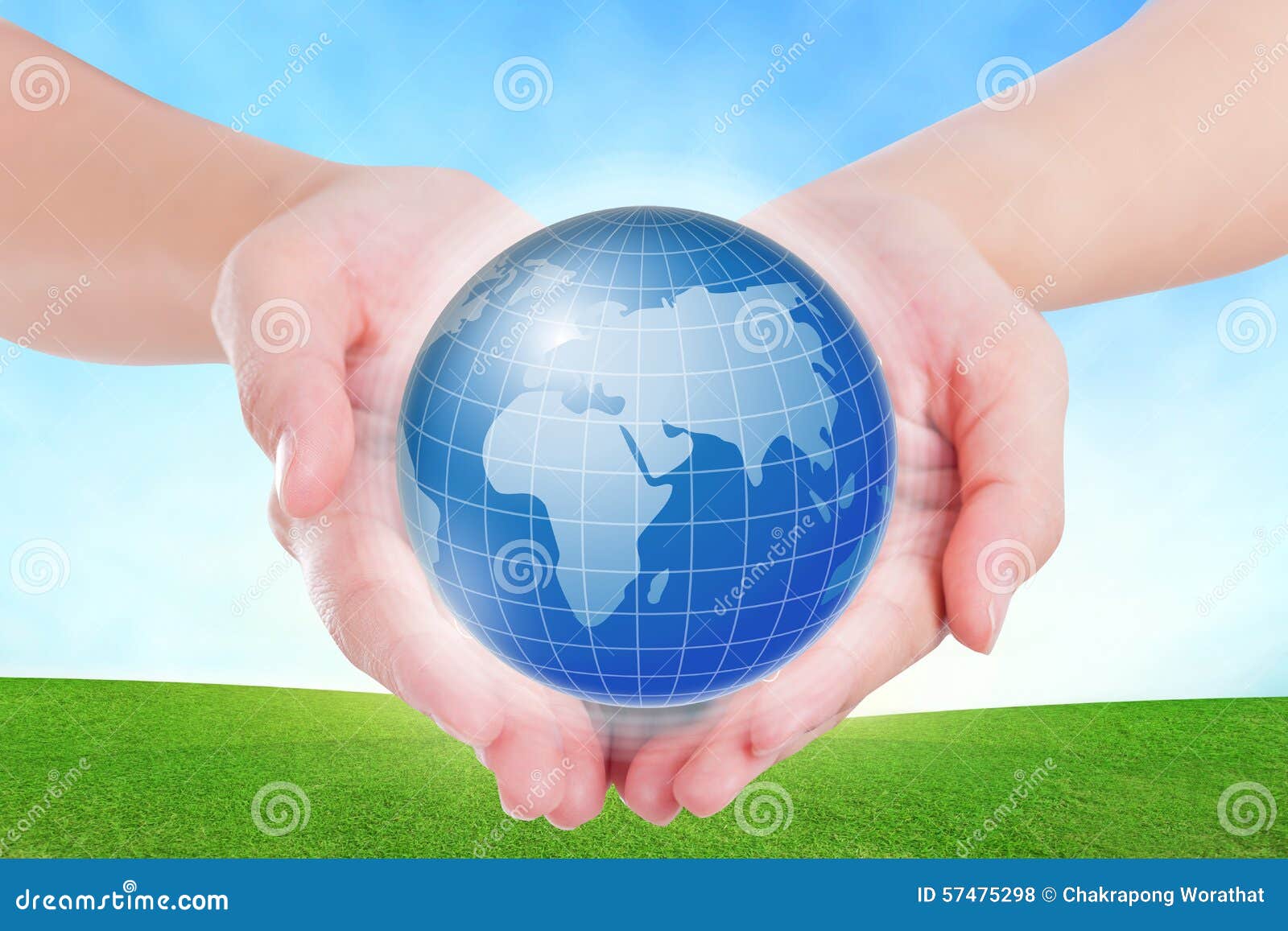 Female Hands Holding on Earth Global on Grassland. Stock Illustration ...