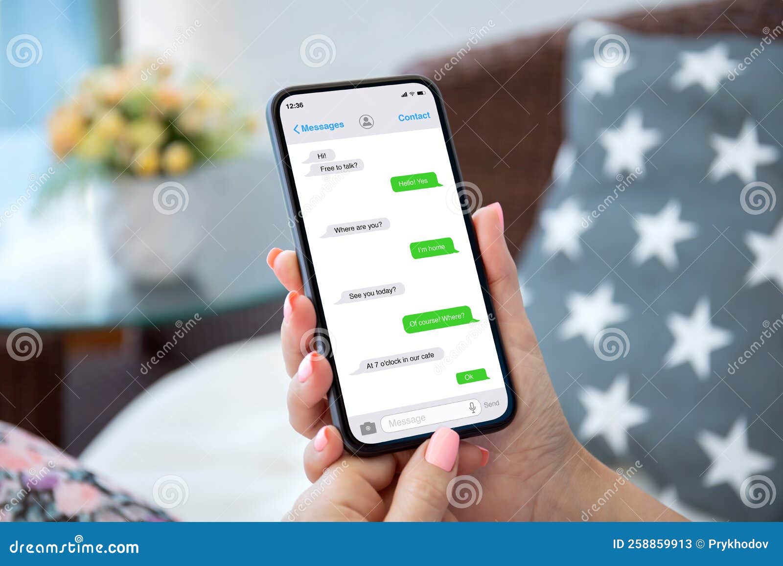 Female Hands Holding Phone with App Messenger on Screen Stock Image ...