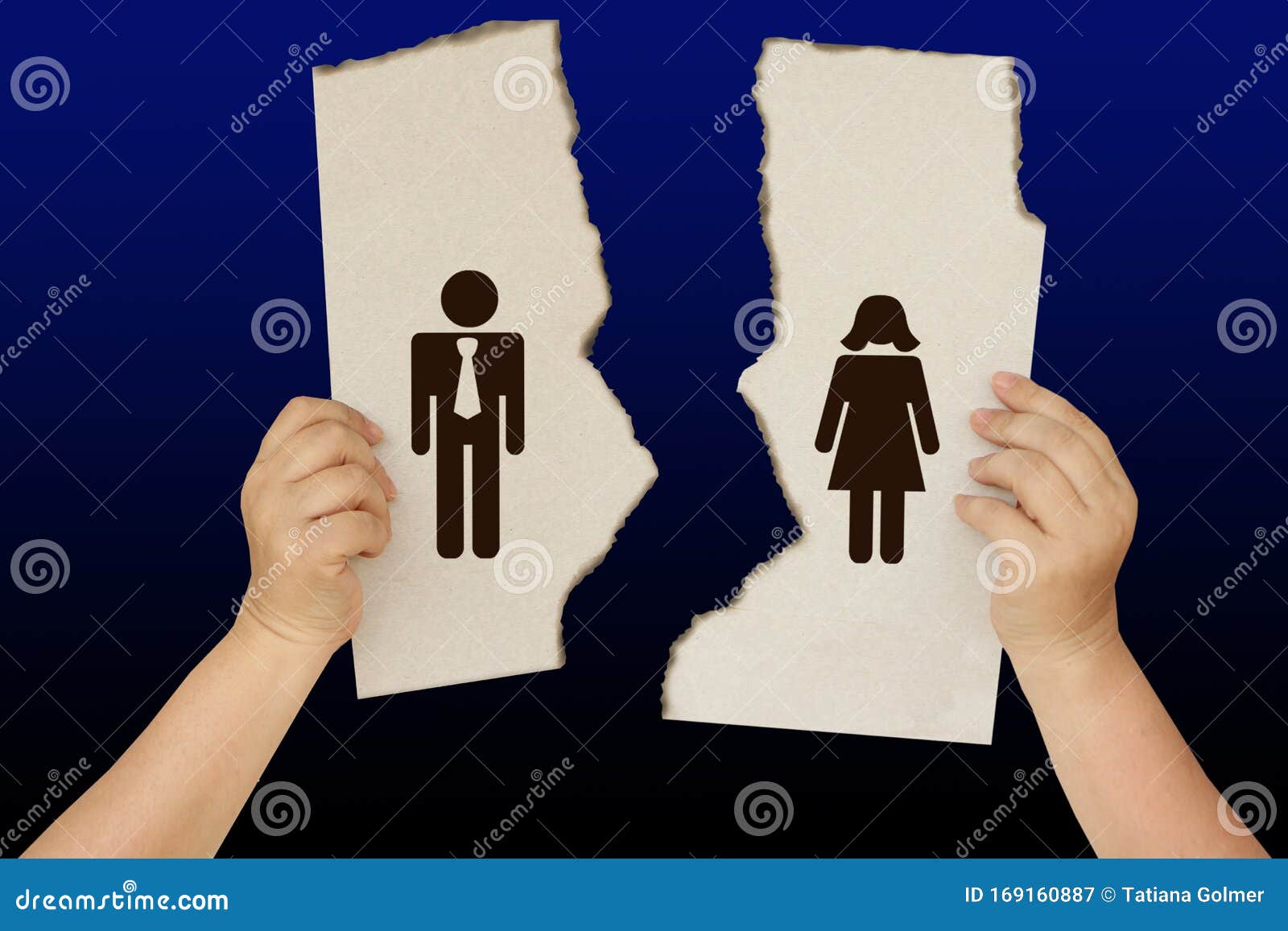 Female Hands Holding A Torn Poster Separating The Symbol Of A Man And A