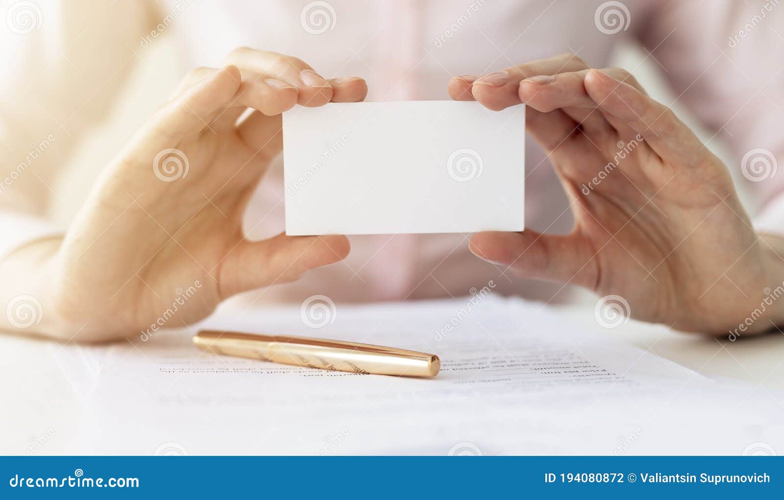 Female Hands Holding White Card Note at Office Table Stock Photo ...