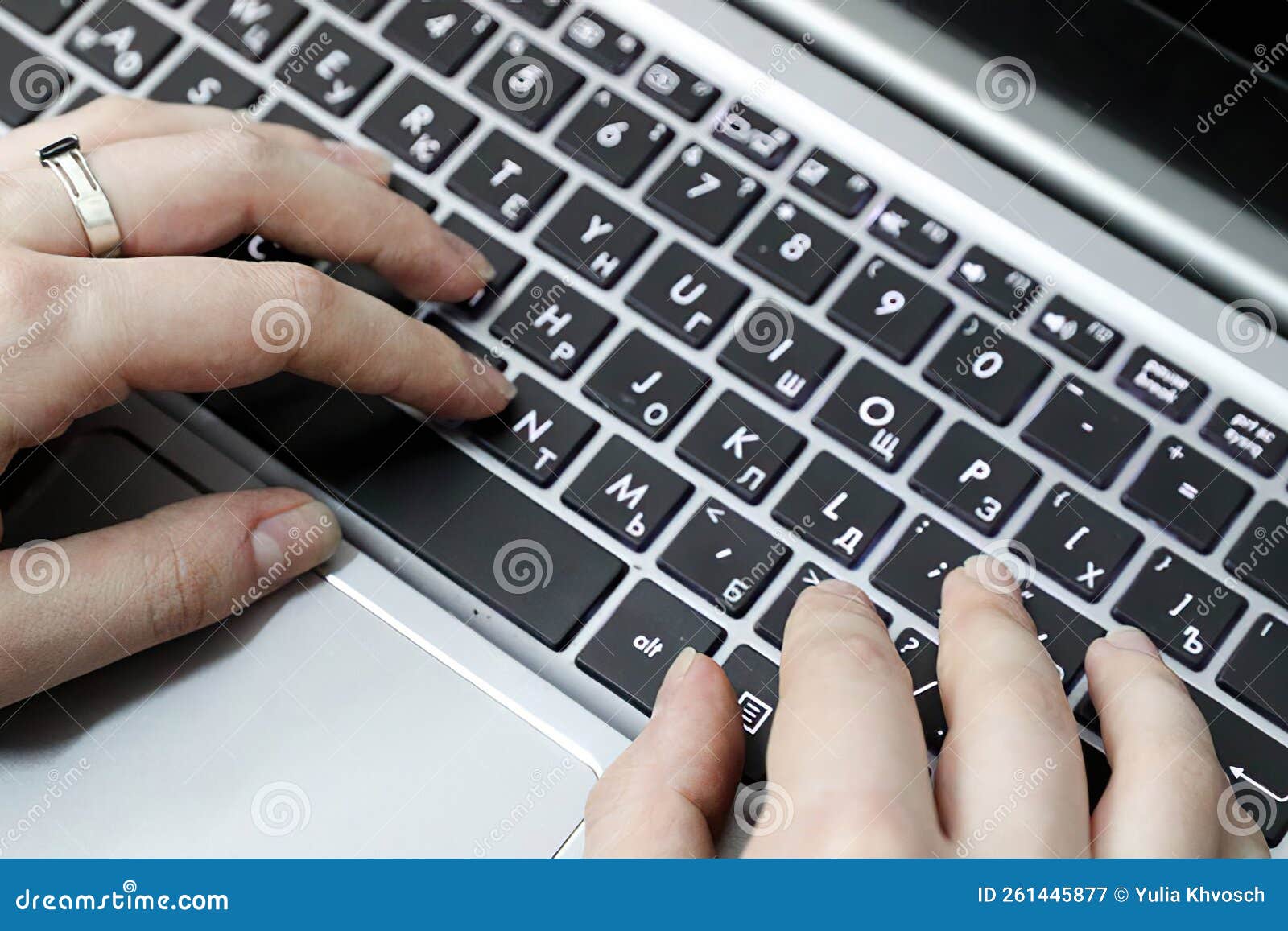 Female Hands on the Keyboard, Top View. Stock Image - Image of input ...