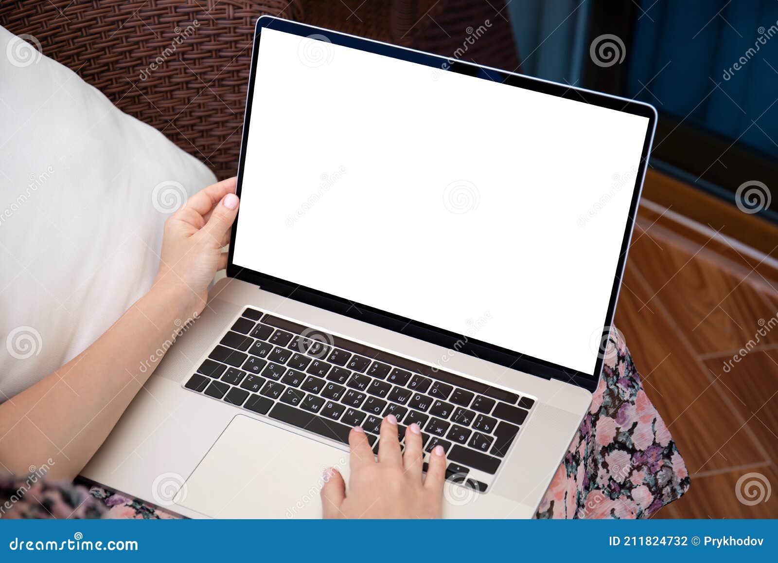Female Hands on Laptop Computer Keyboard with Isolated Screen Stock ...