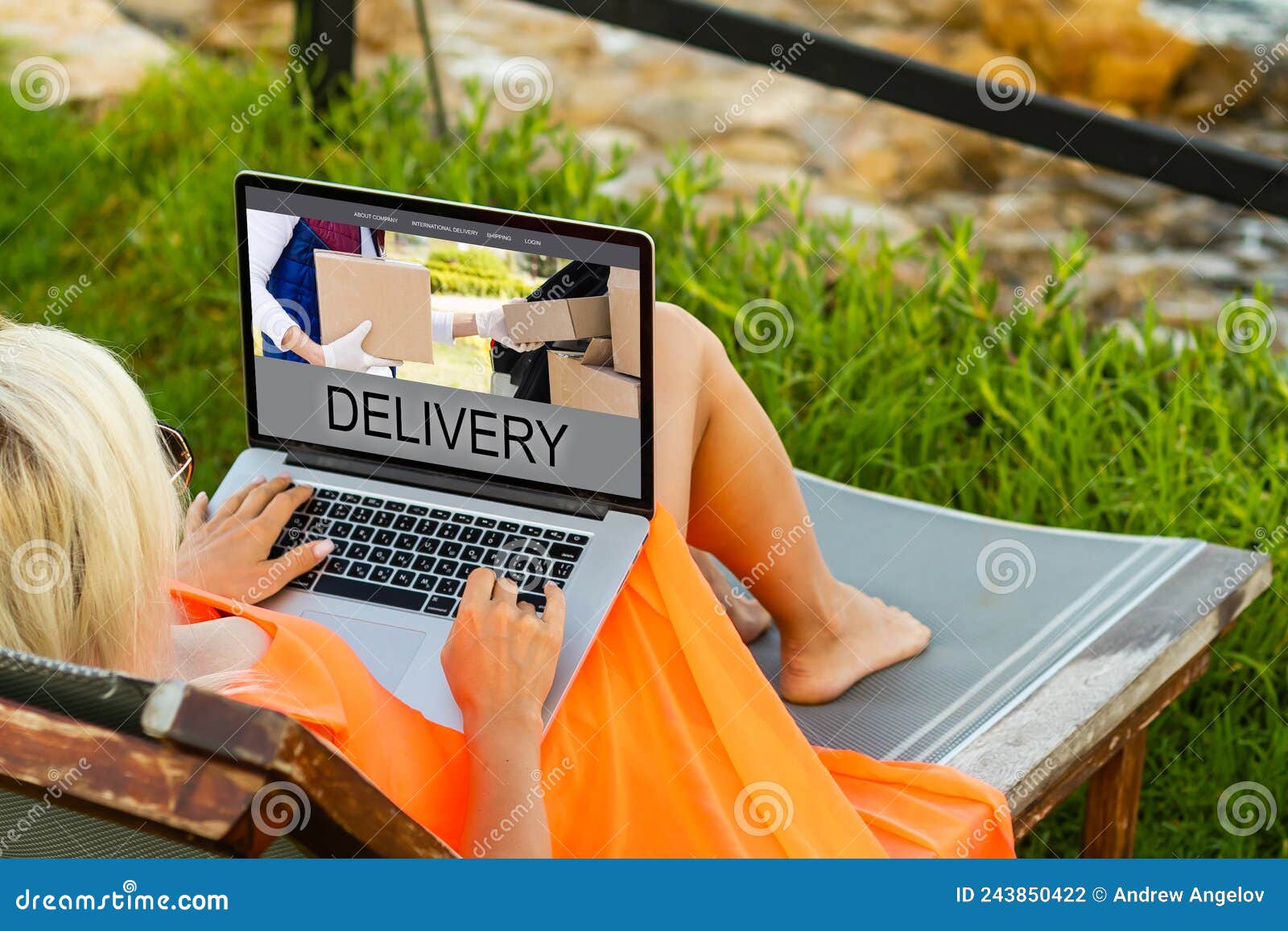 Female Hands on Laptop Computer with Parcel Delivery Application on ...