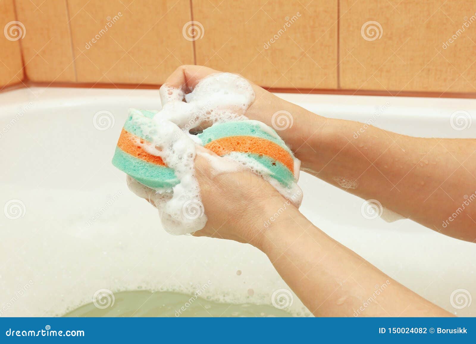 Female Hands Lathering Green Sponge with Soap Stock Photo - Image of ...