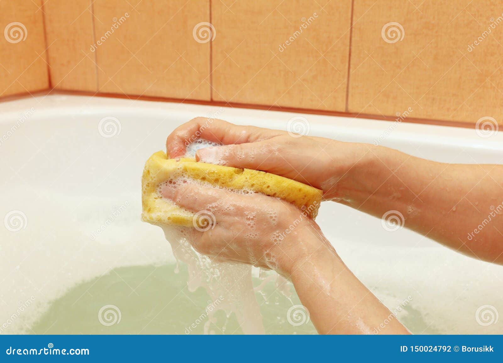 Female Hands Lathering Yellow Sponge in Bathroom Stock Photo - Image of ...
