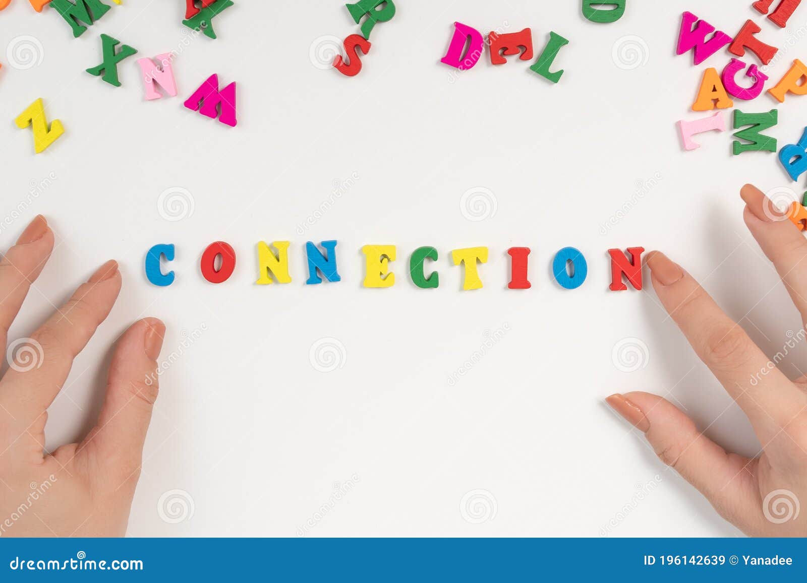 Female Hands Lay Out the Word Connection from Colored Letters Stock ...