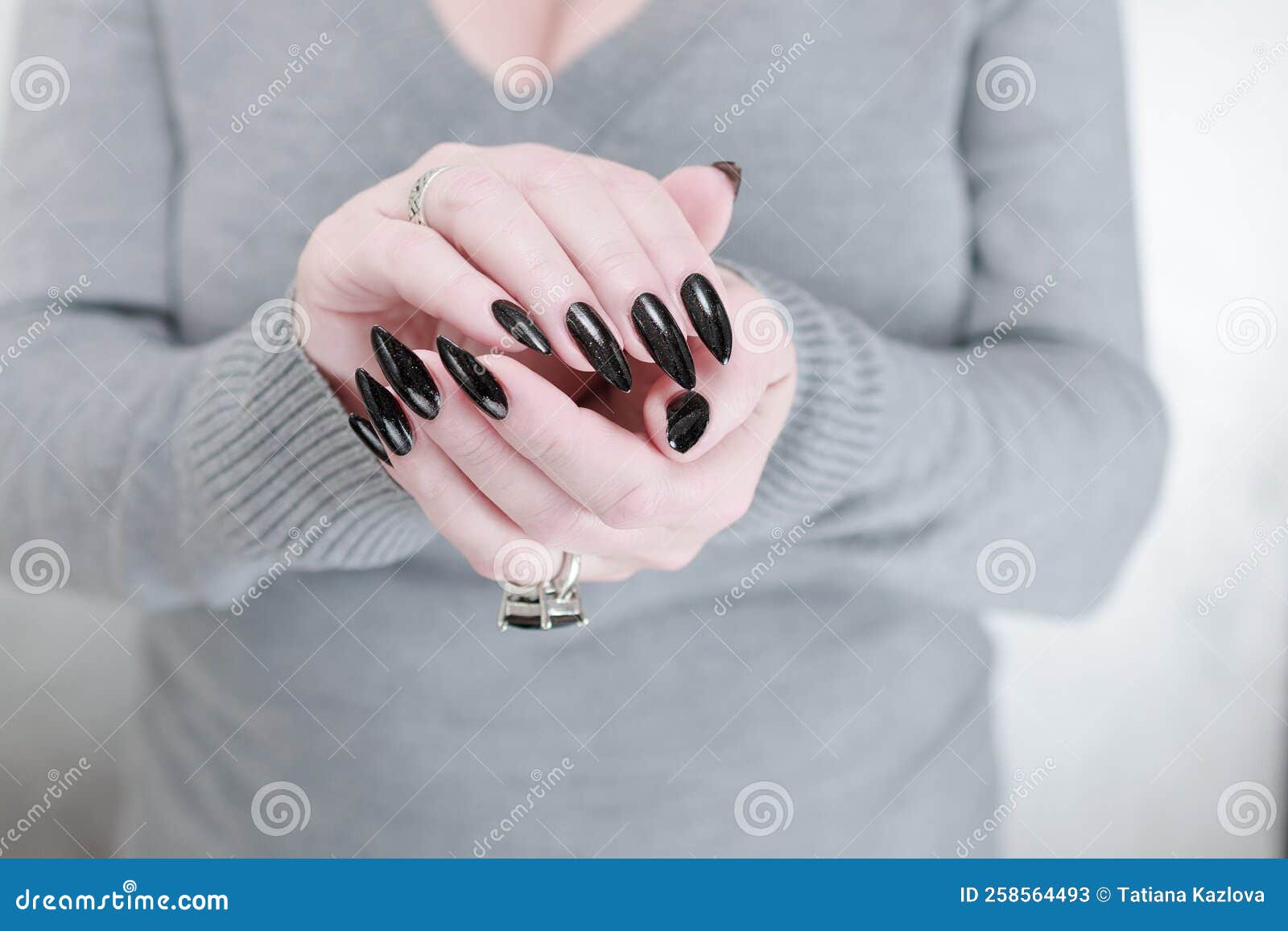 Female Hands with Long Nails and Black Manicure Stock Image - Image of ...