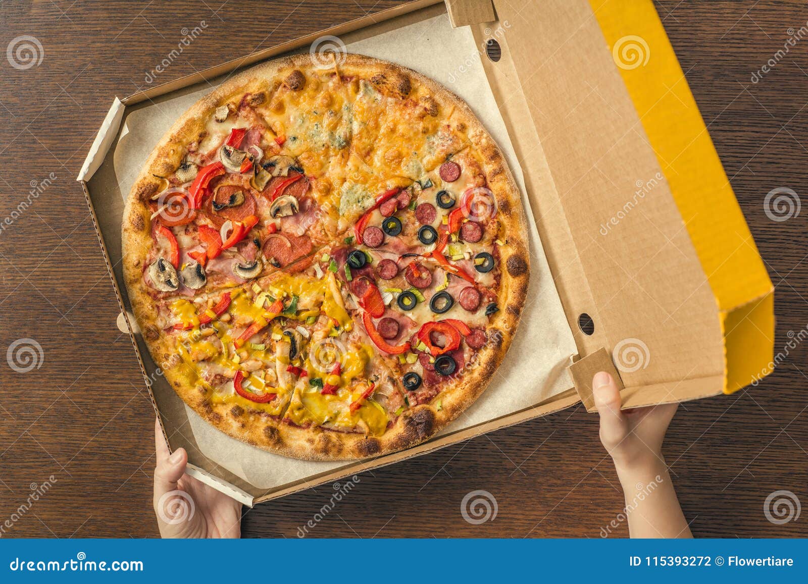 Female Hands Open Delivery Box with Pizza. Stock Photo - Image of meat ...
