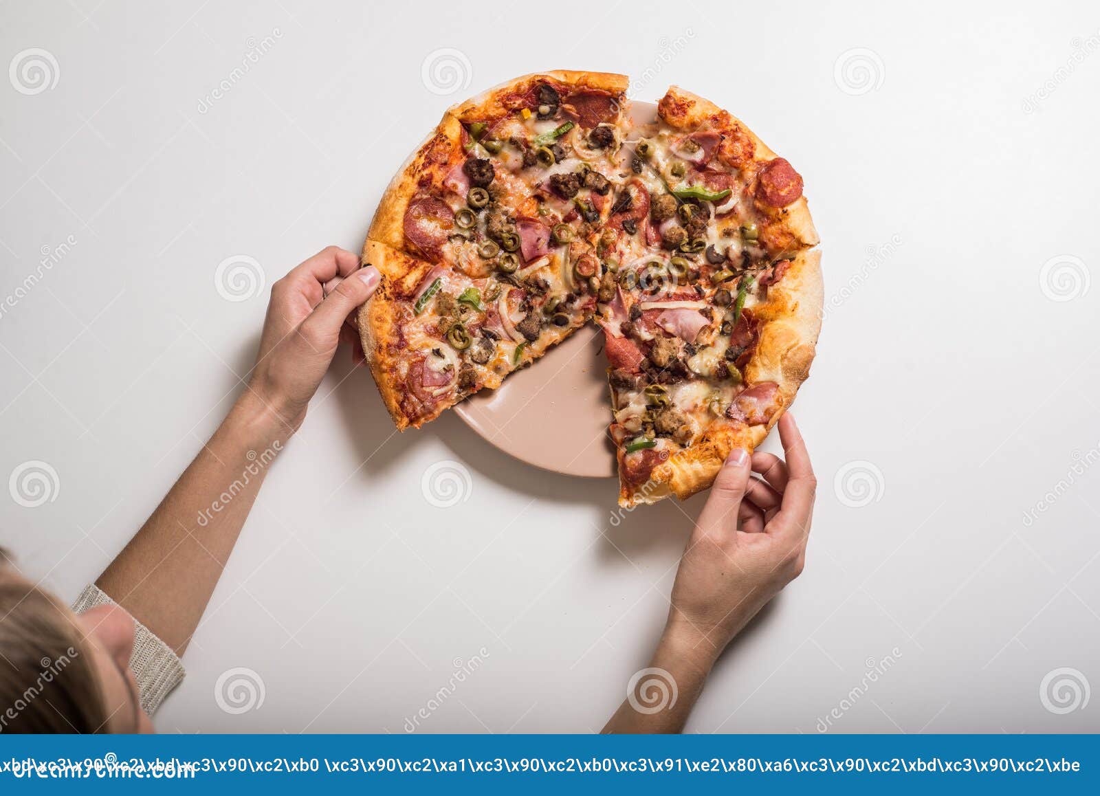 Female Hands and Pizza on Plate Stock Image - Image of bacon, plate ...