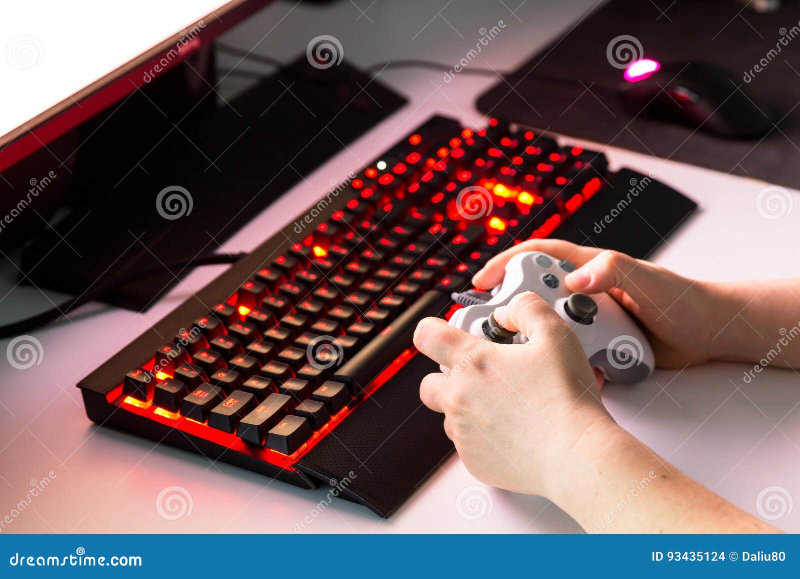 Female Hands Playing Computer Game with Gaming Gear. Stock Photo ...