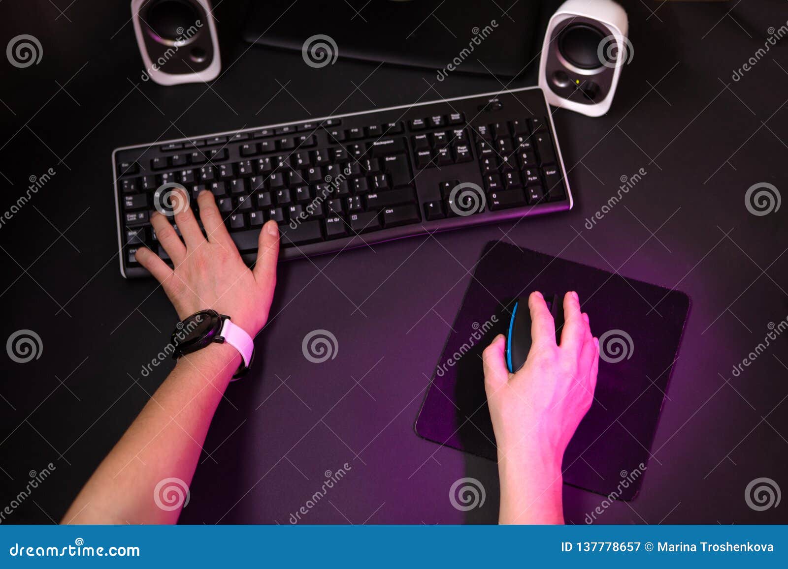 Female Hands Playing Computer Game with Mouse and Keyboard. Stock Image ...
