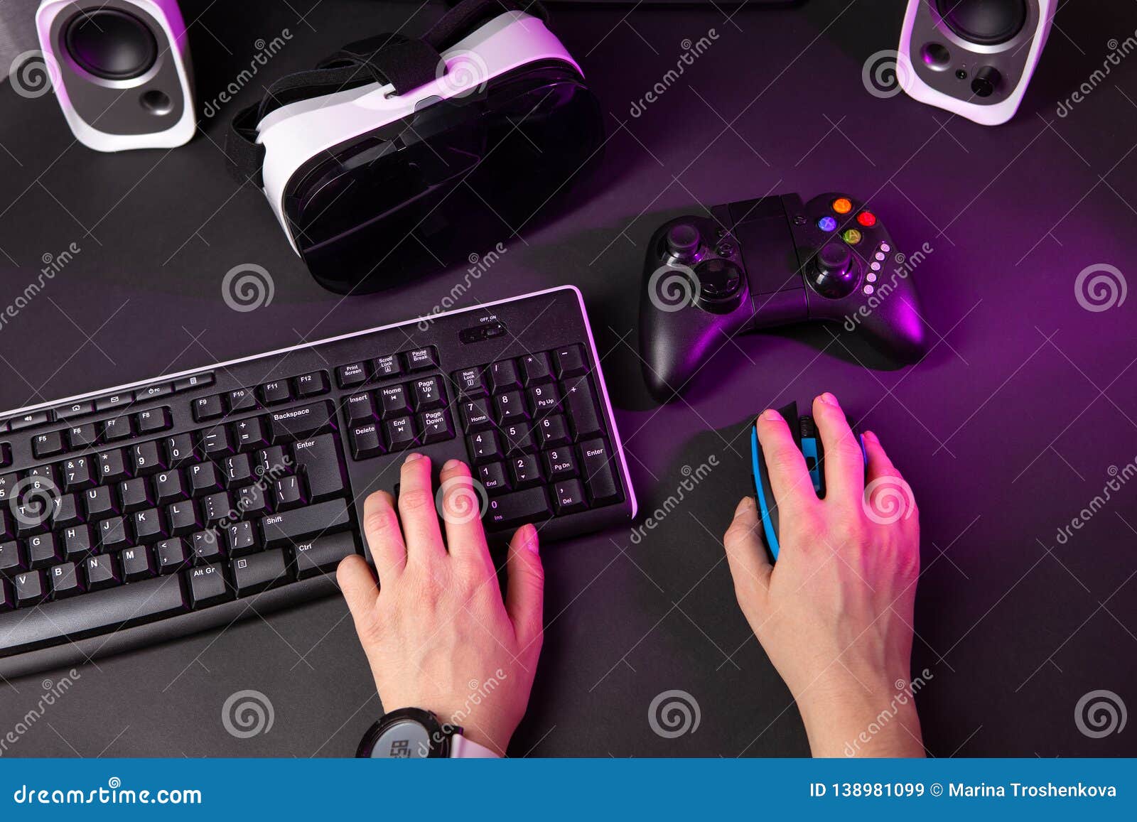 Female Hands Playing Computer Game with Mouse and Keyboard. Stock Image ...