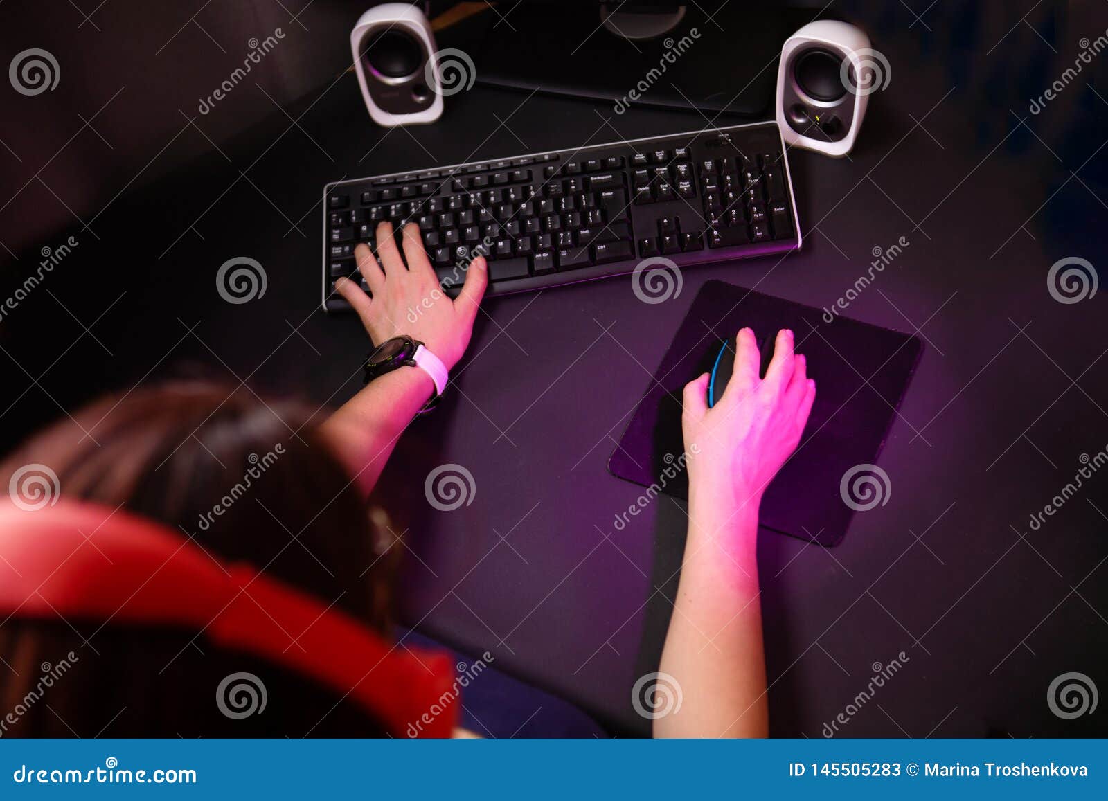 Female Hands Playing Computer Game with Mouse and Keyboard. Stock Image ...