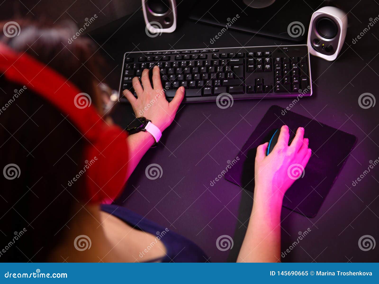 Female Hands Playing Computer Game with Mouse and Keyboard. Stock Image ...