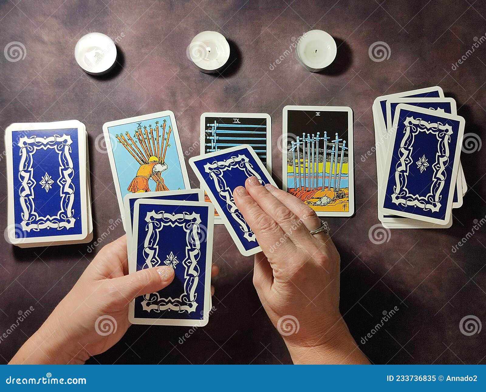 Female Hands Spread Tarot Cards on the Table, Solitaire Layout Stock ...