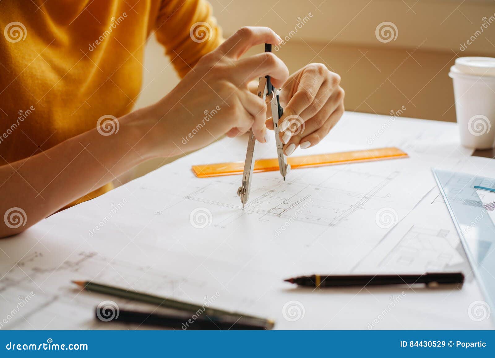 Female Hands Using Compass for a Technical Drawing Stock Image - Image ...