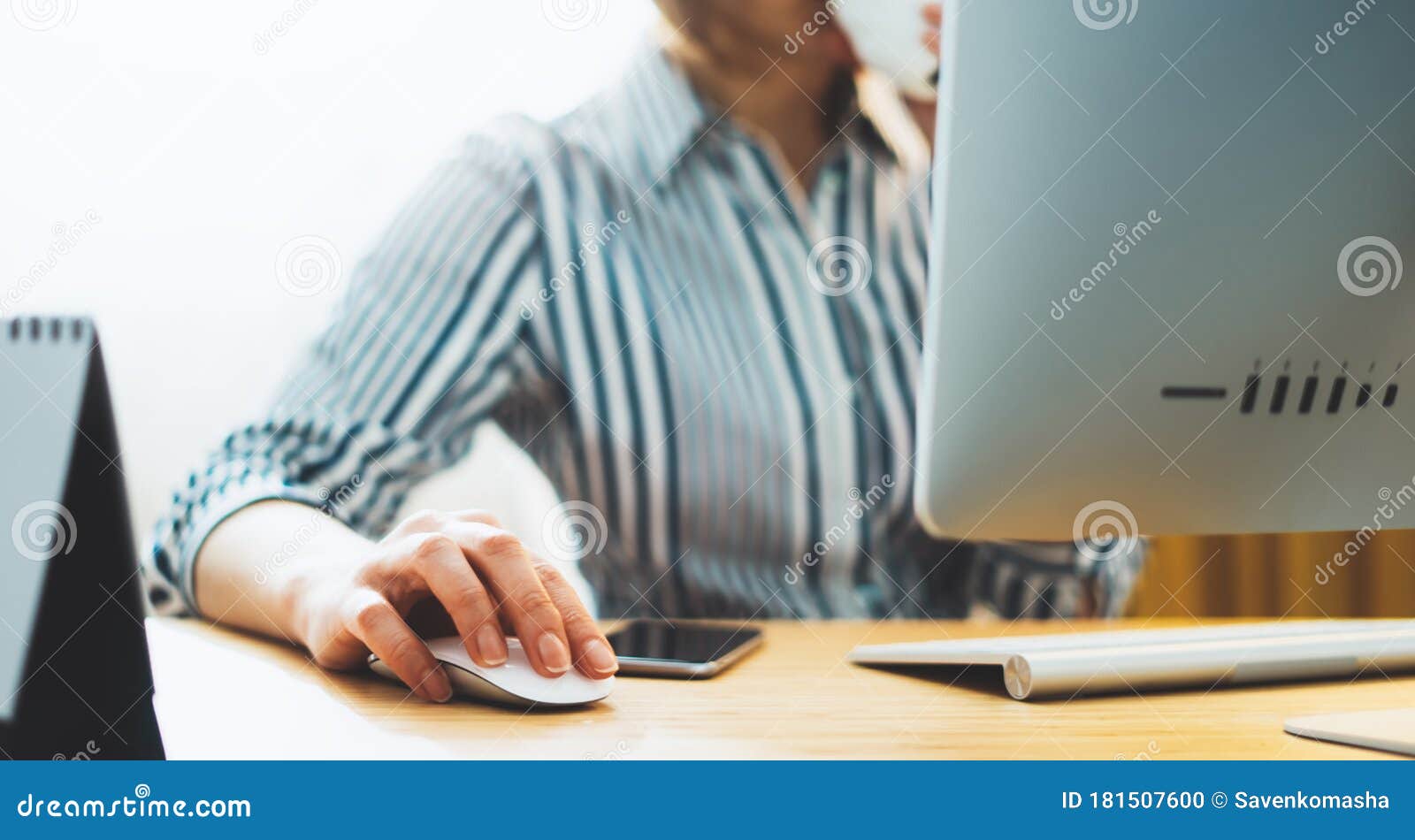 Female Hands Using Computer Mouse at Home Interior, Isolation Manager ...