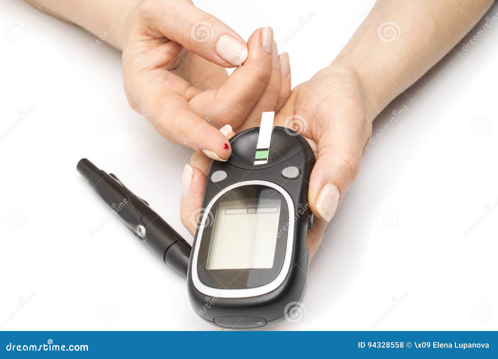 Female Hands Using Glucometer Scanner Stock Photo - Image of ...