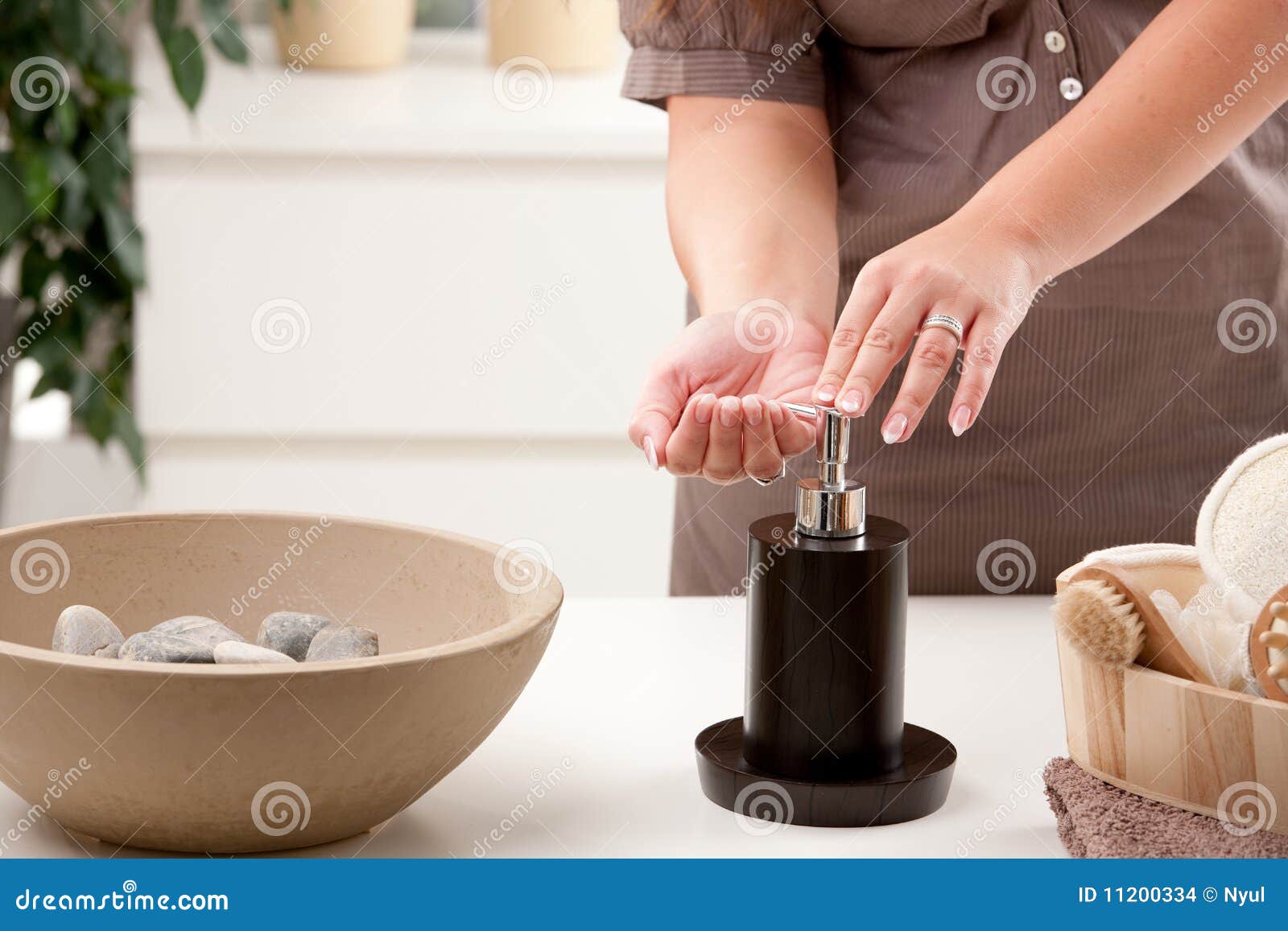 Female Hands Using Liquid Soap Stock Photo - Image of gown, female ...