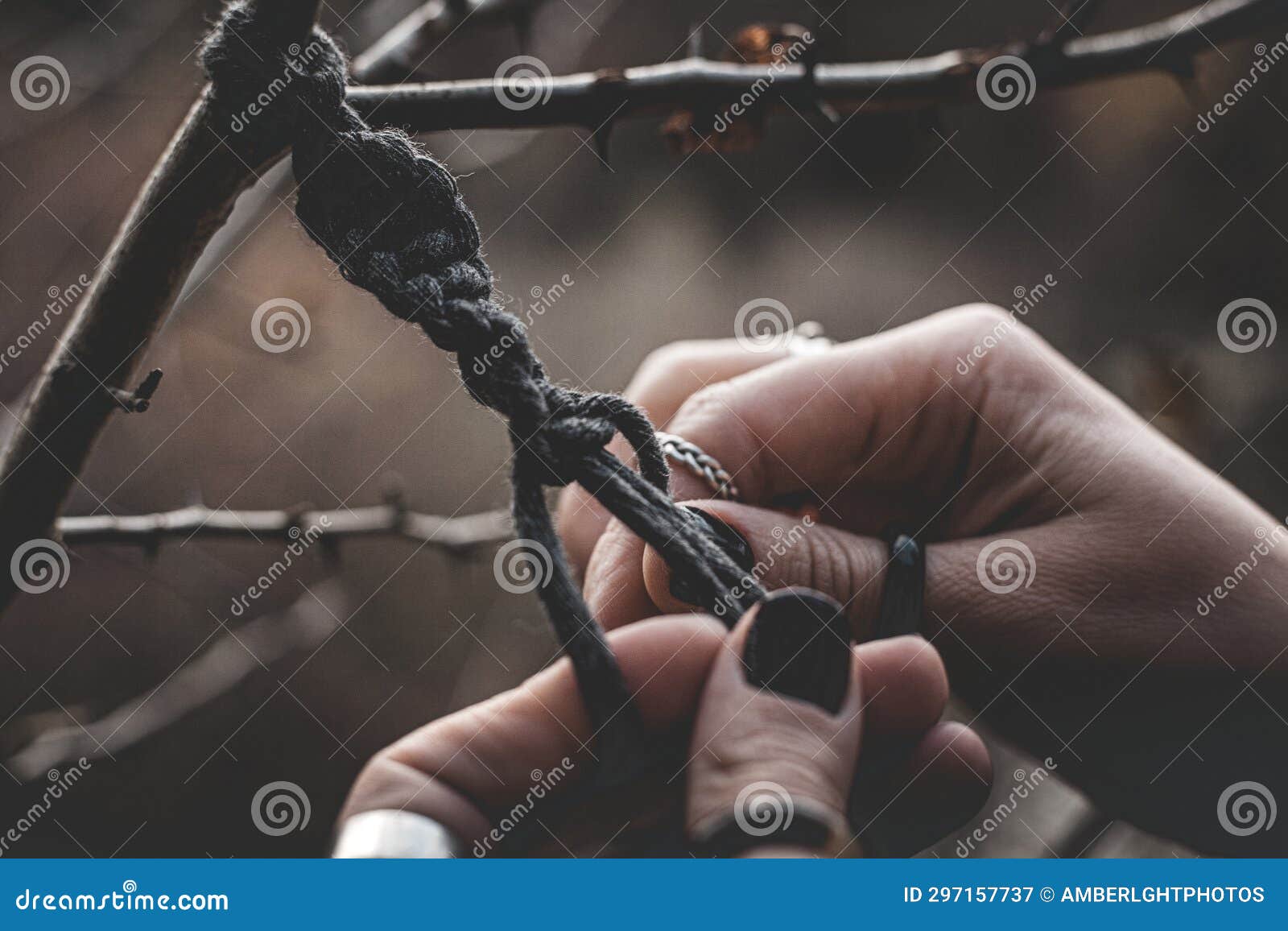 Female Hands Weaving a Macrame Braid on a Tree Stock Image - Image of ...
