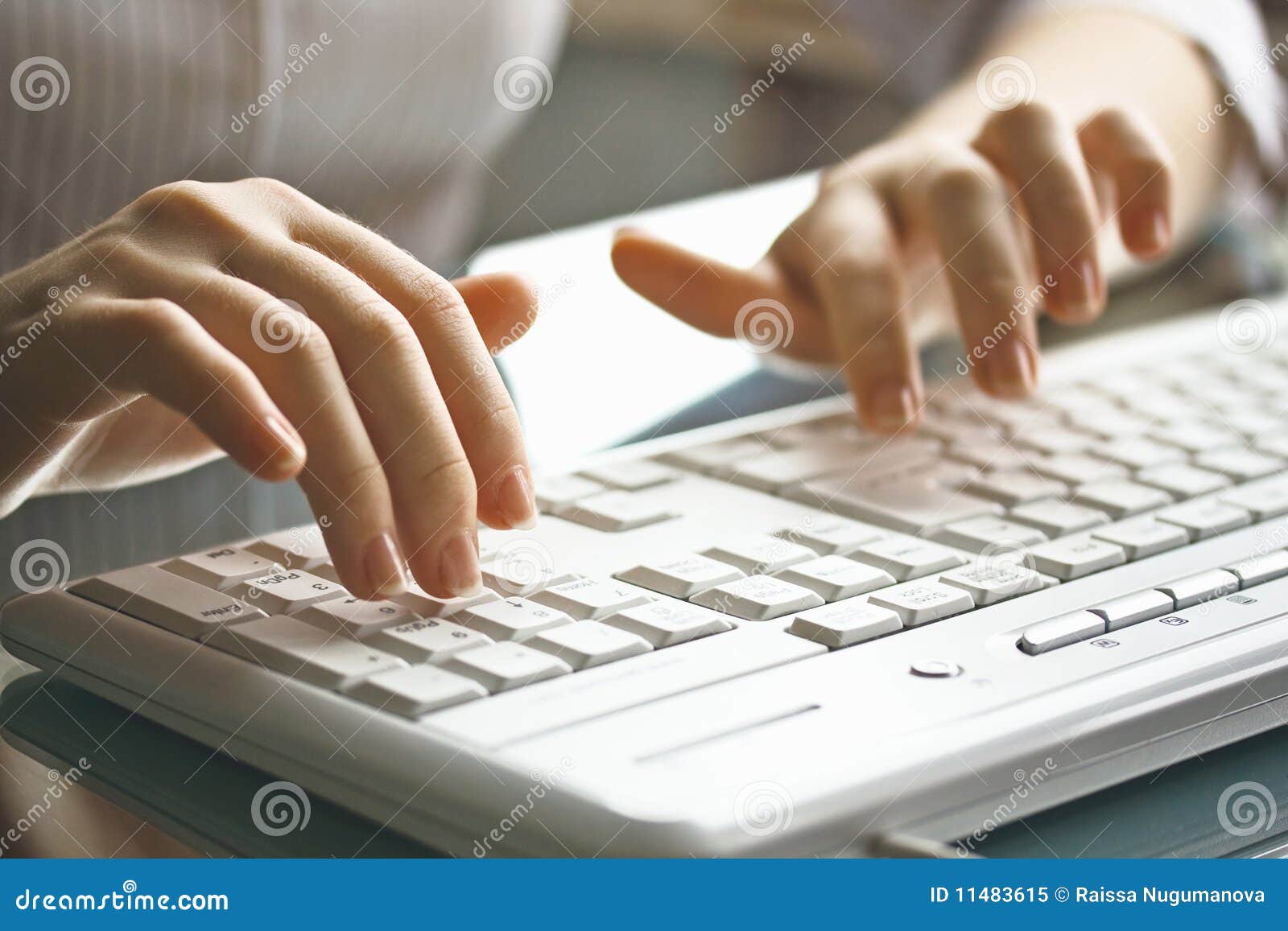 Female Hands on the White Keyboard. Stock Image - Image of button, desk ...