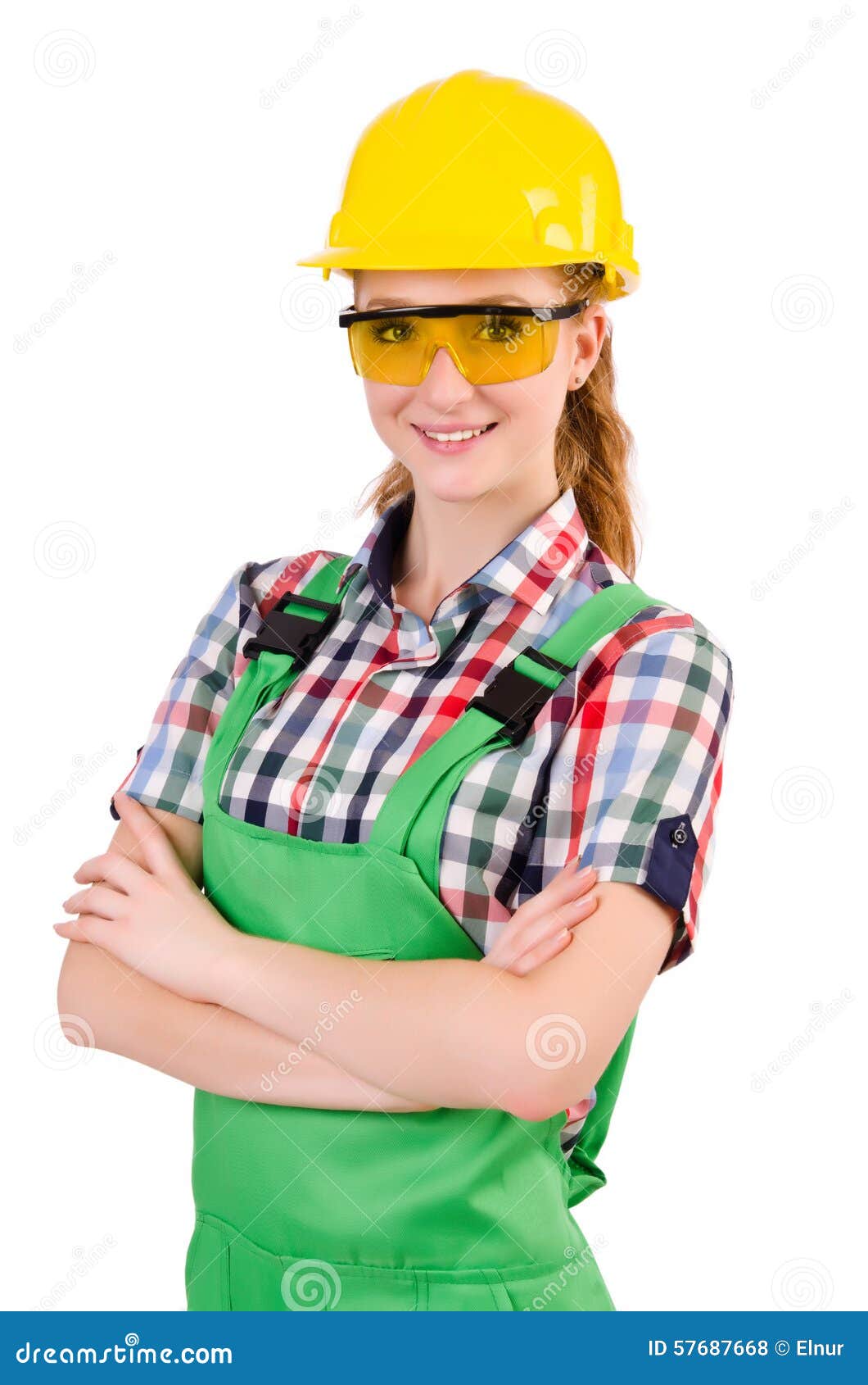 Female Handyman in Overalls Isolated on White Stock Photo - Image of ...