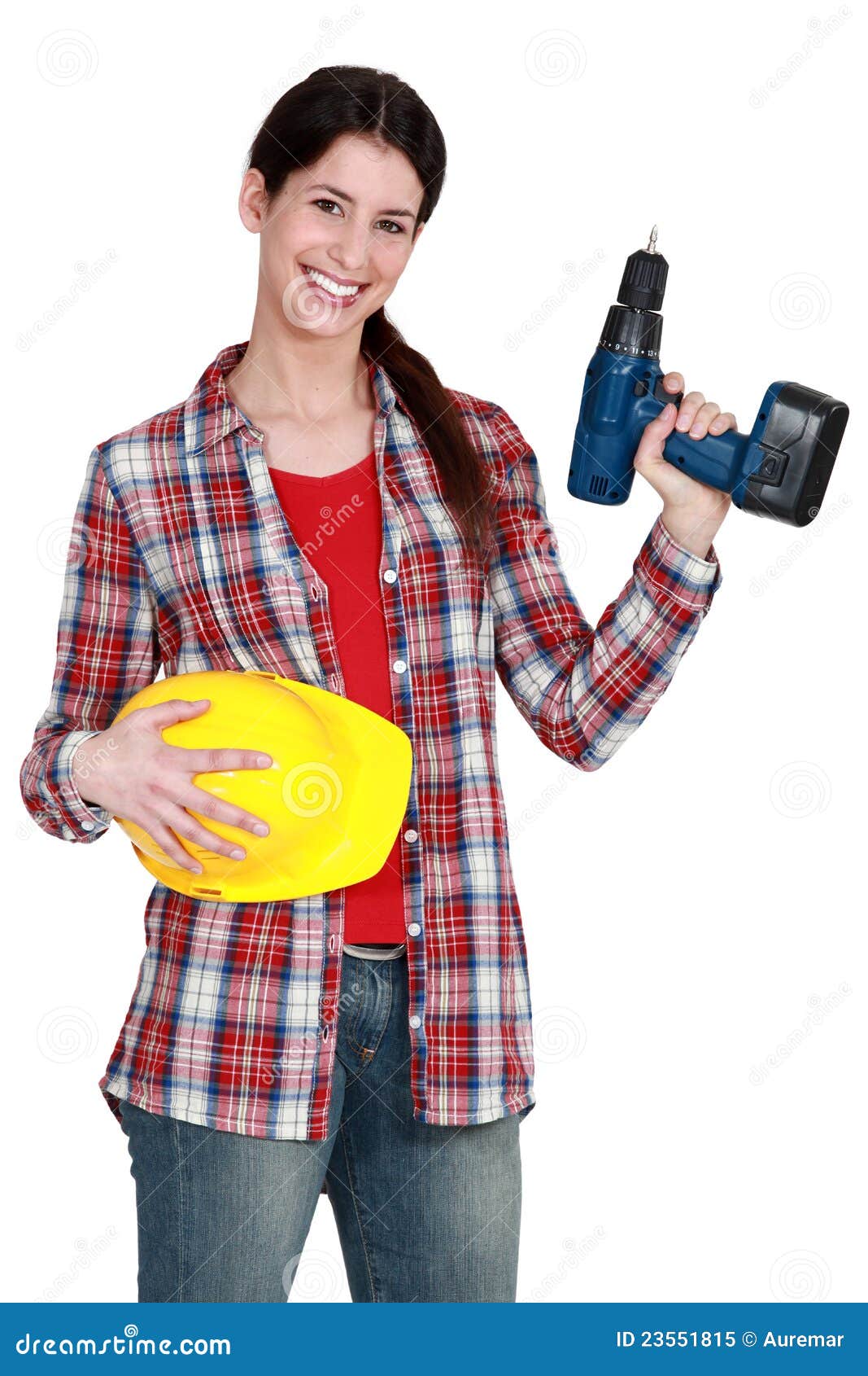 Female Handywoman with Drill Stock Image - Image of carpenter, cheerful ...