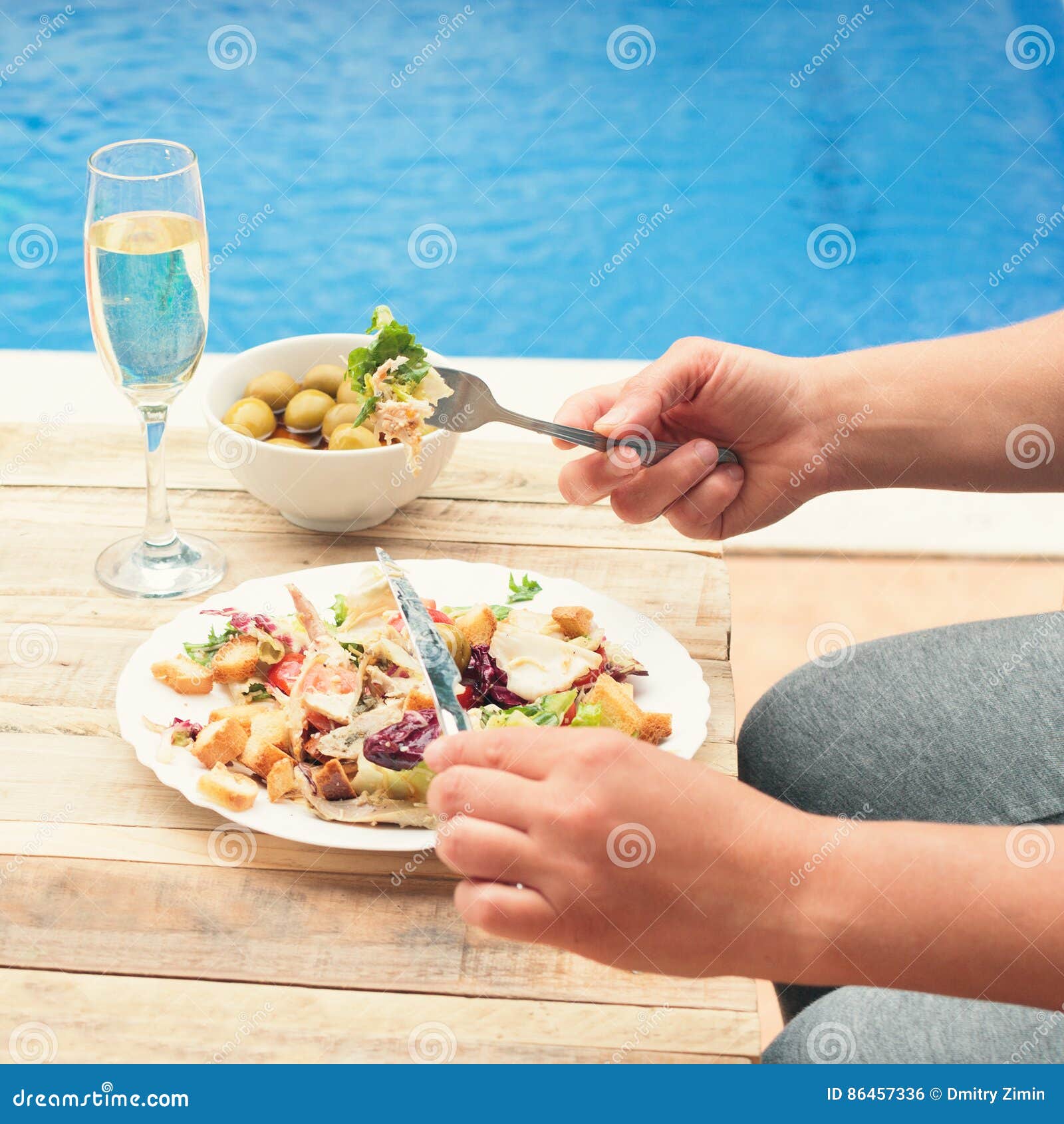 Female Having Dinner by the Pool Stock Photo - Image of alcohol ...
