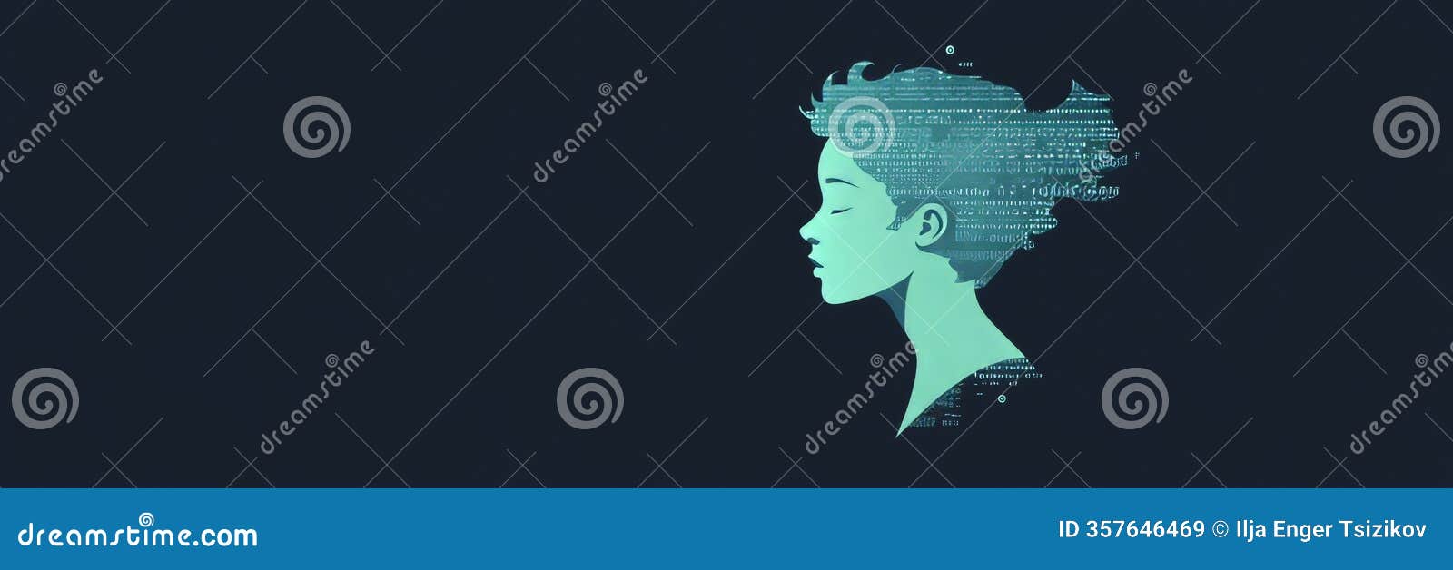 Female Head Silhouette, Turquoise Motherboard and Binary Code on Dark ...