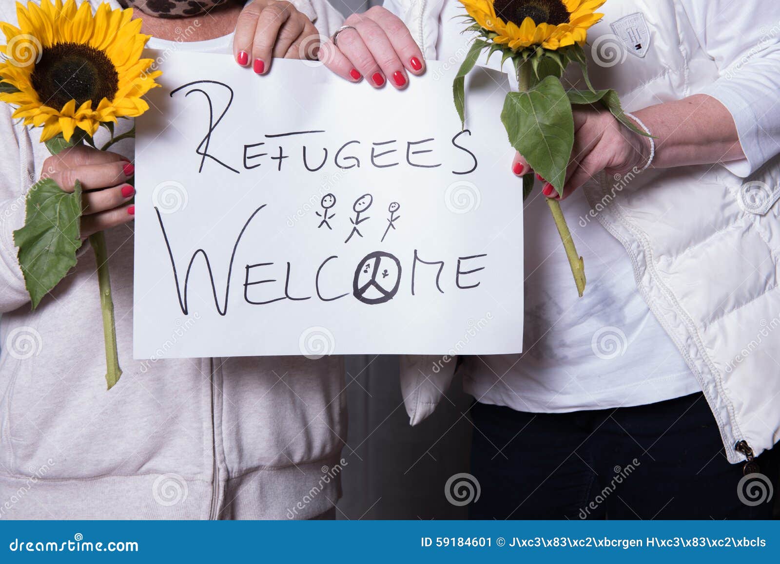 Female Helpers Welcome Refugees with Sign Stock Image - Image of ...