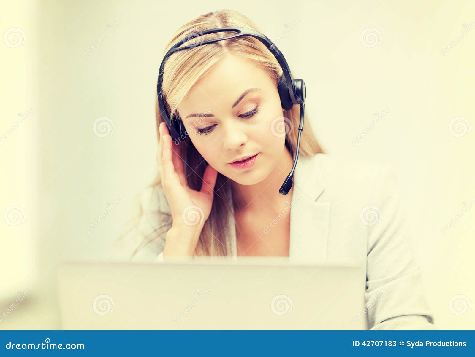 Female Helpline Operator with Laptop Stock Image - Image of call ...
