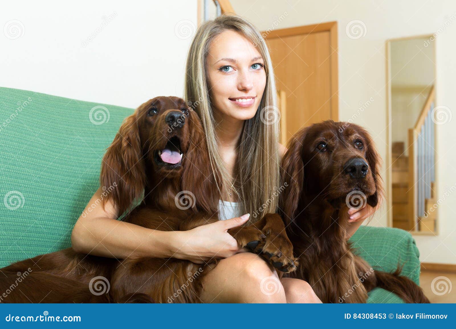 Female with her pets stock image. Image of girl, indoor - 84308453