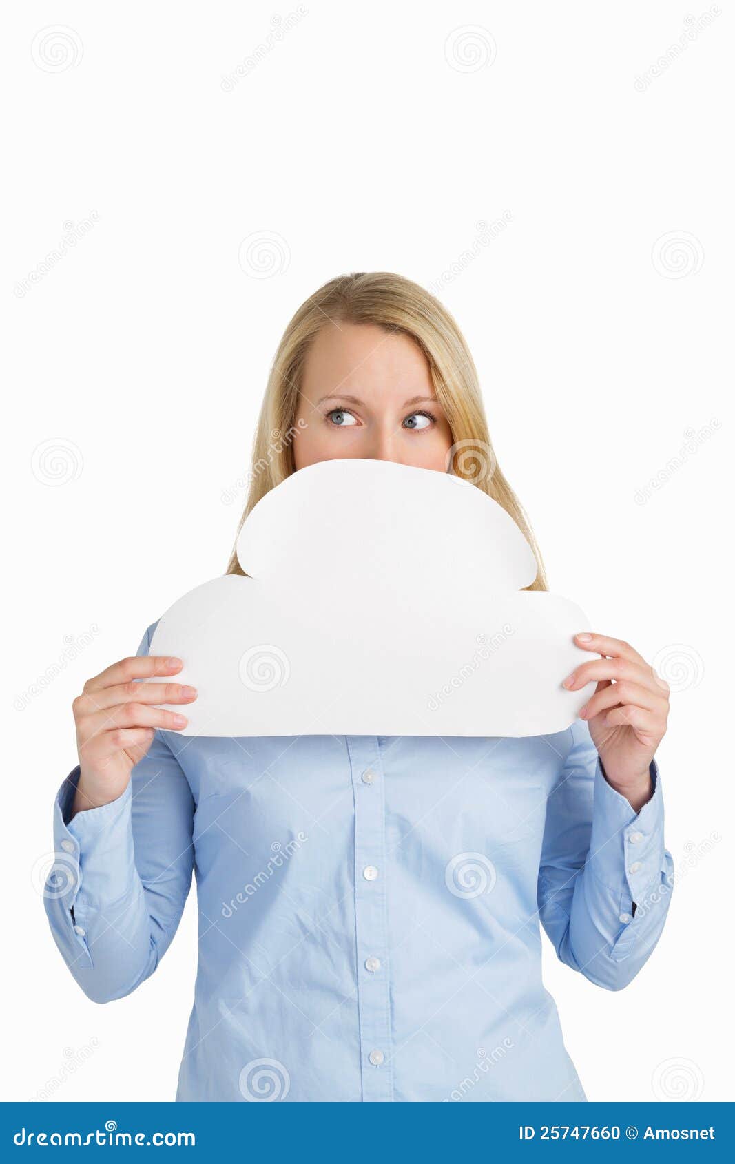 Female Hiding Behind a Paper Cloud Stock Photo - Image of holding, look ...