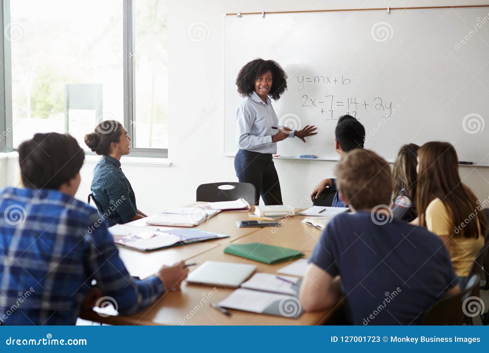 Female High School Tutor at Whiteboard Teaching Maths Class Stock Image ...