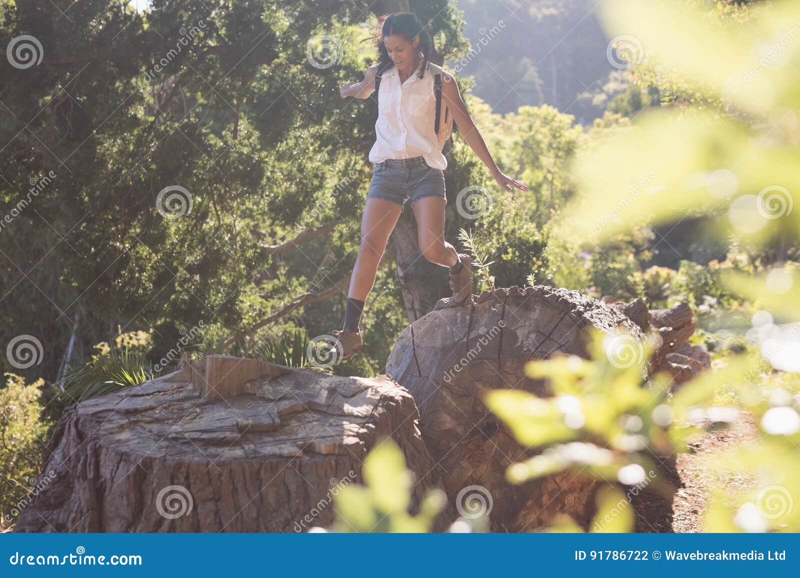 Female Hiker Jumping from Tree Stumps in Forest Stock Photo - Image of ...
