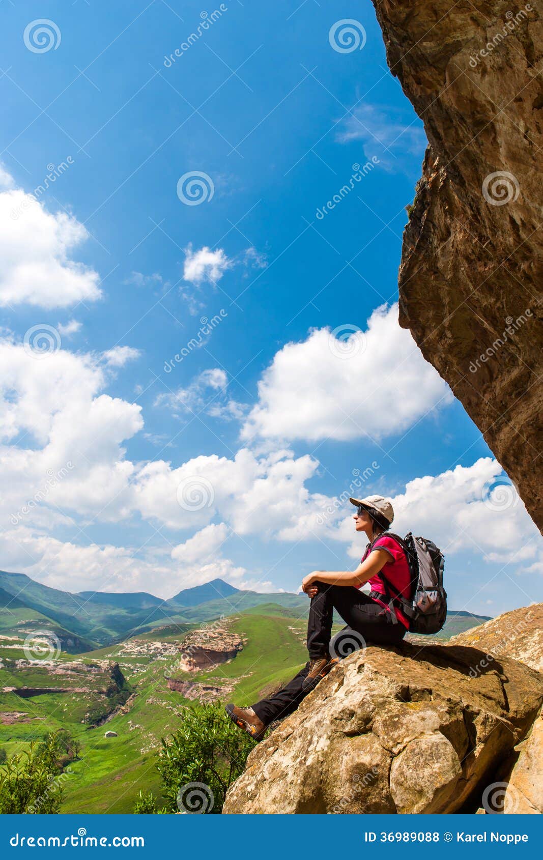 Female Hiker Sitting on Rock. Stock Photo - Image of hill, high: 36989088