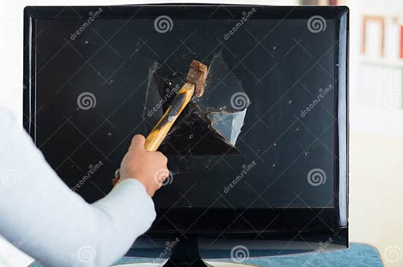 Female Holding Hammer Smashing it into Computer Stock Image - Image of ...