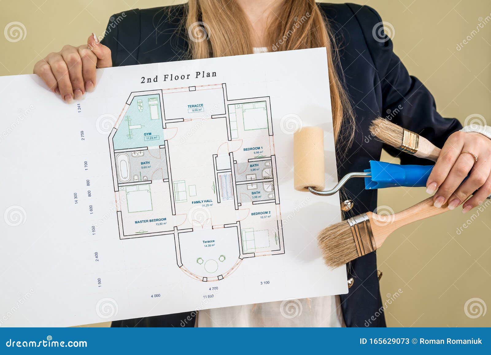 Female Holding House Plan and Work Tools Stock Image - Image of ...
