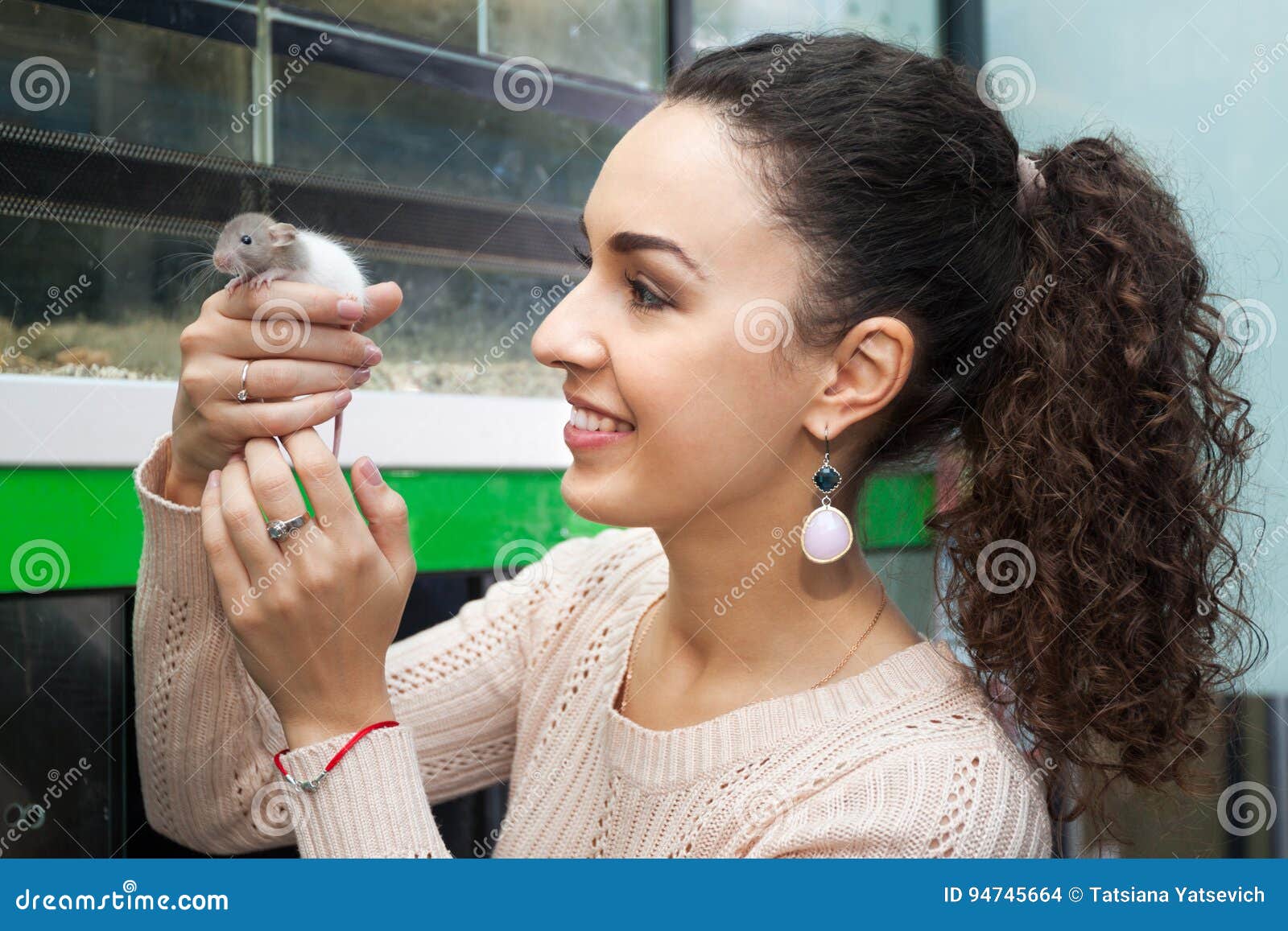 Female Holding Mouse in Hands Stock Photo - Image of petshop, interior ...