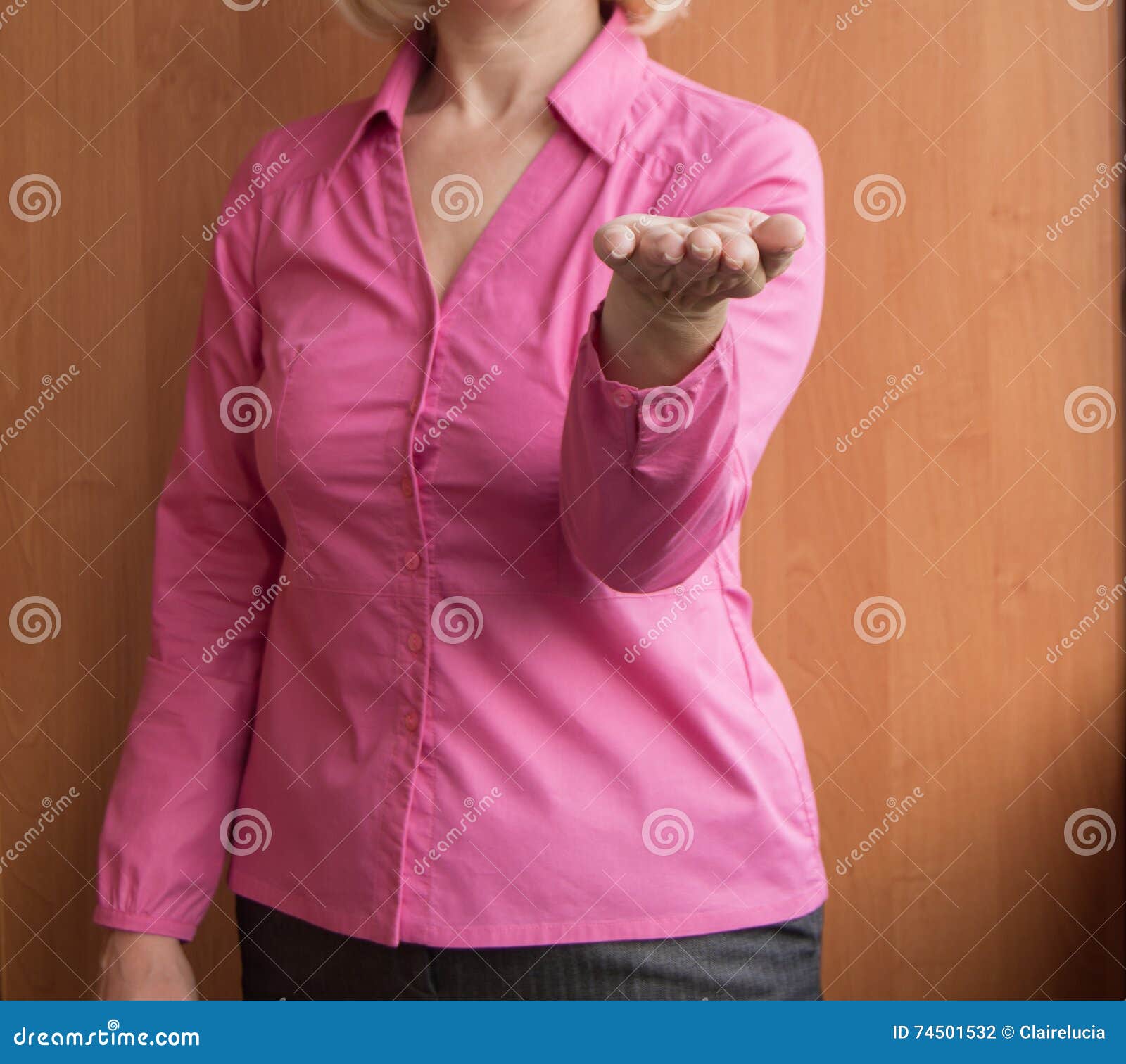 Female Holding an Open Palm Hand Up, Presenting and Showing Something ...