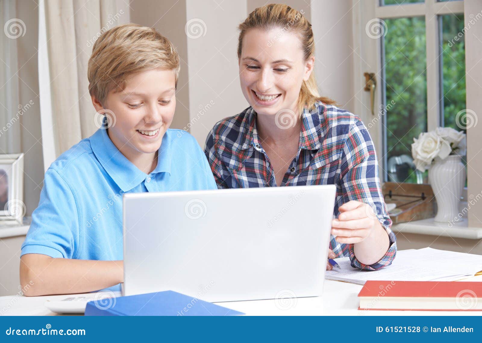 Female Home Tutor Helping Boy with Studies Using Laptop Computer Stock ...